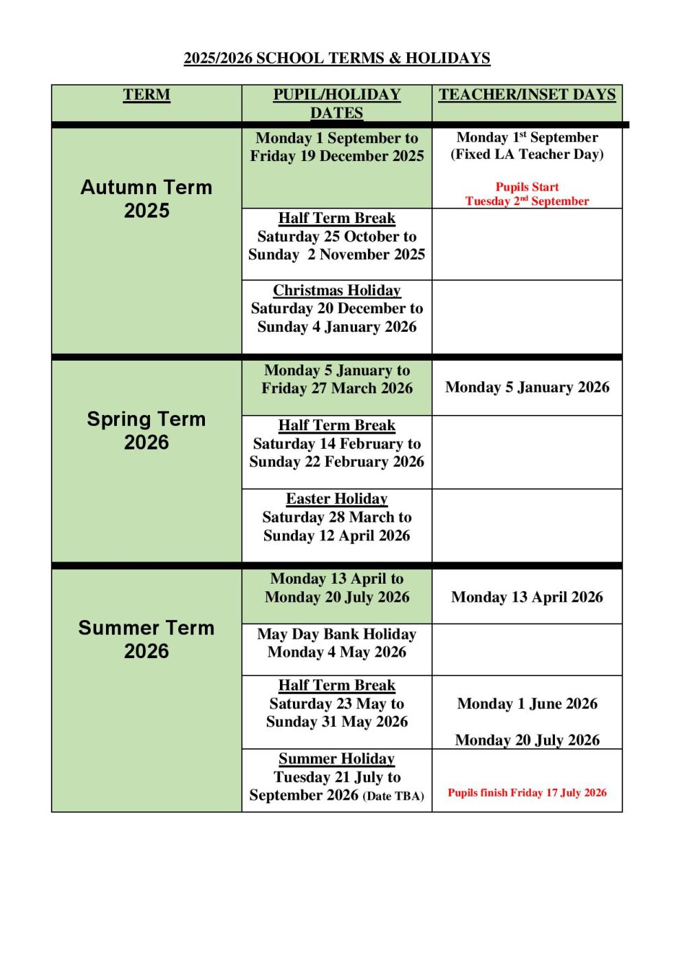 Term Dates | Whitley Abbey Primary School